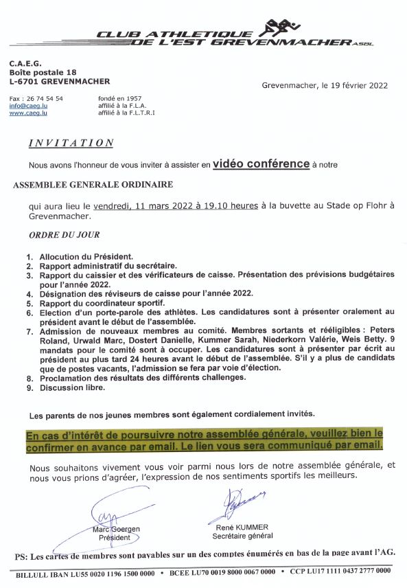 Invitation – Assemblé générale ordinaire (11.03.2022) – CAEG – C.A.E.G.